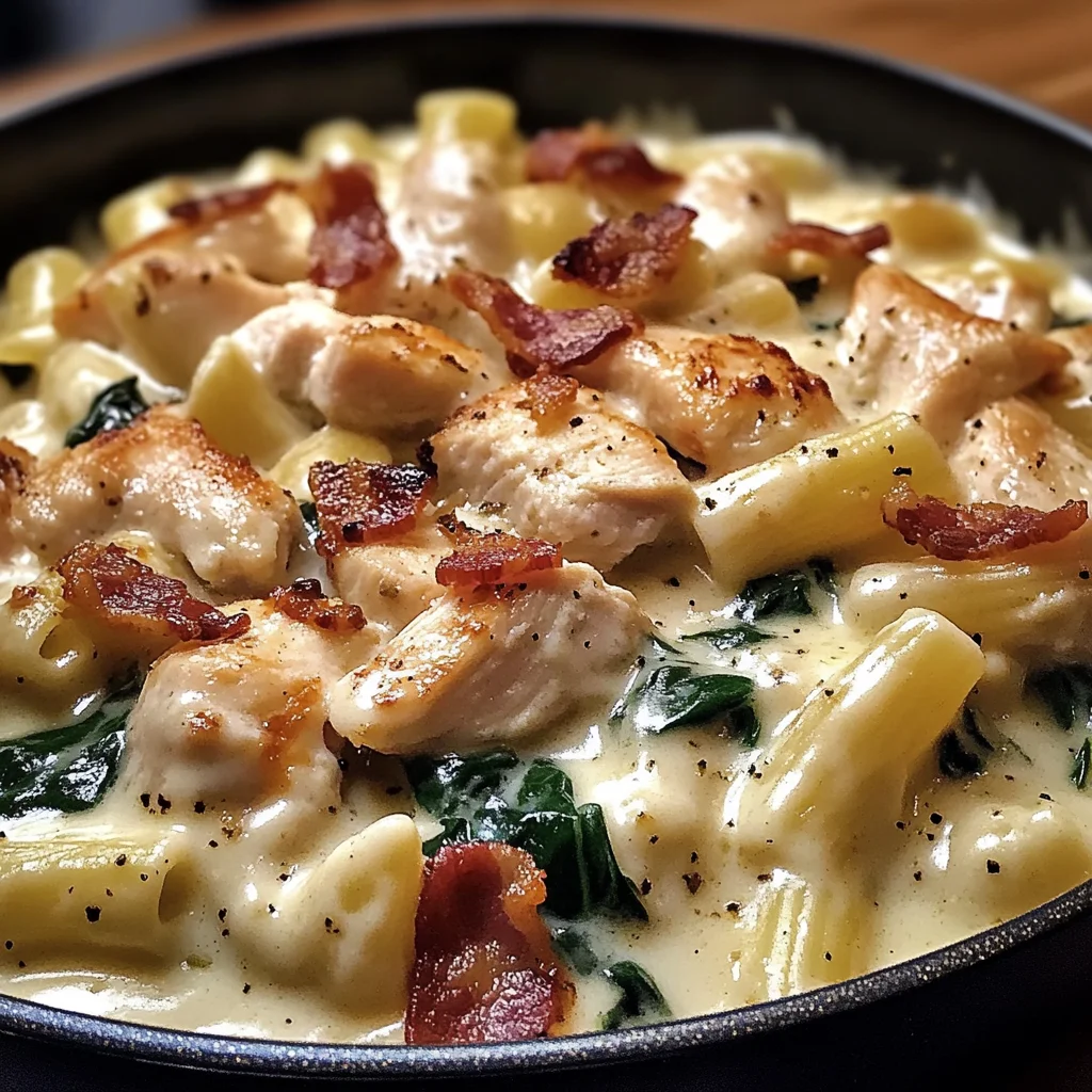 Creamy Spinach, Chicken, Turkey Bacon Pasta